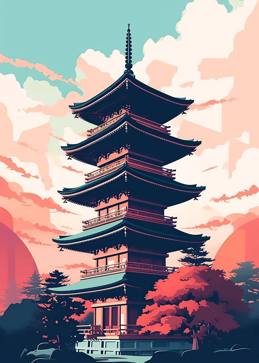 'Japanese Temple' Poster, picture, metal print, paint by DorthyToy ...
