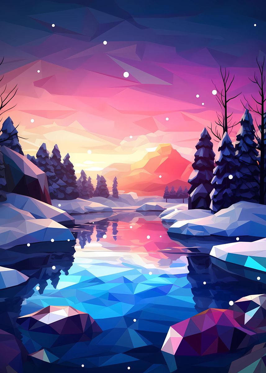 'Winter Lake Low Poly' Poster, picture, metal print, paint by Brian ...