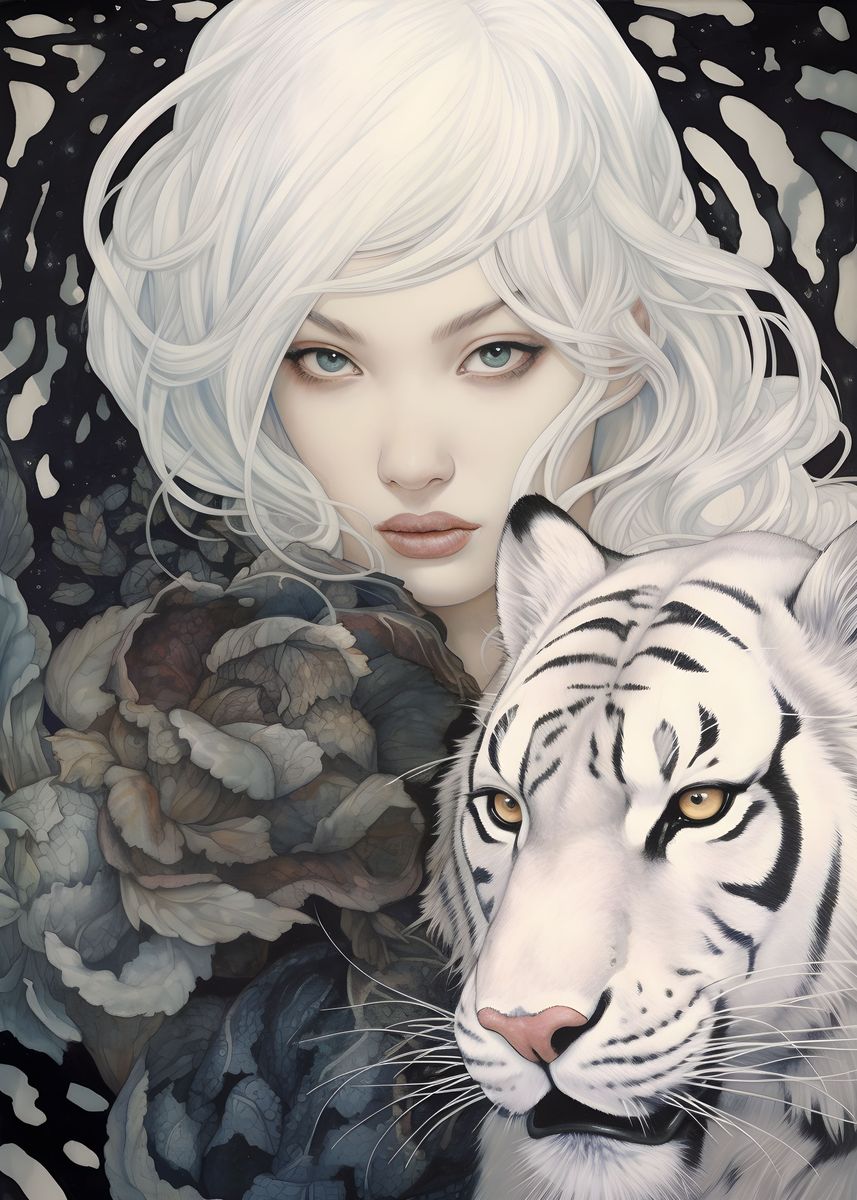 'Girl With White Tiger Art' Poster, picture, metal print, paint by ...
