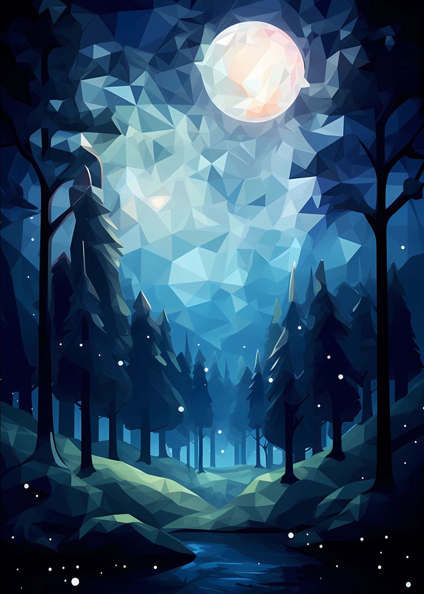 'Moonlight Low Poly' Poster, picture, metal print, paint by Brian ...