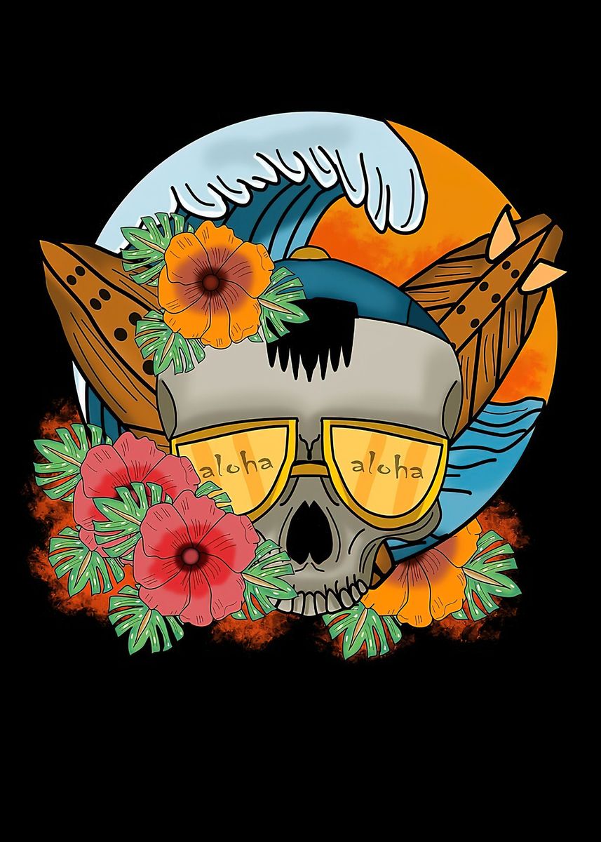 'skull summer surfer' Poster by roscoefarrah | Displate
