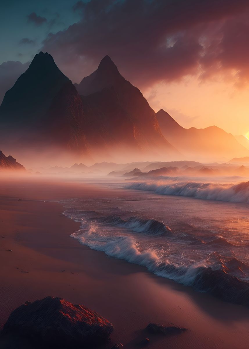 'Beach Sunset' Poster, picture, metal print, paint by RonnieArts | Displate