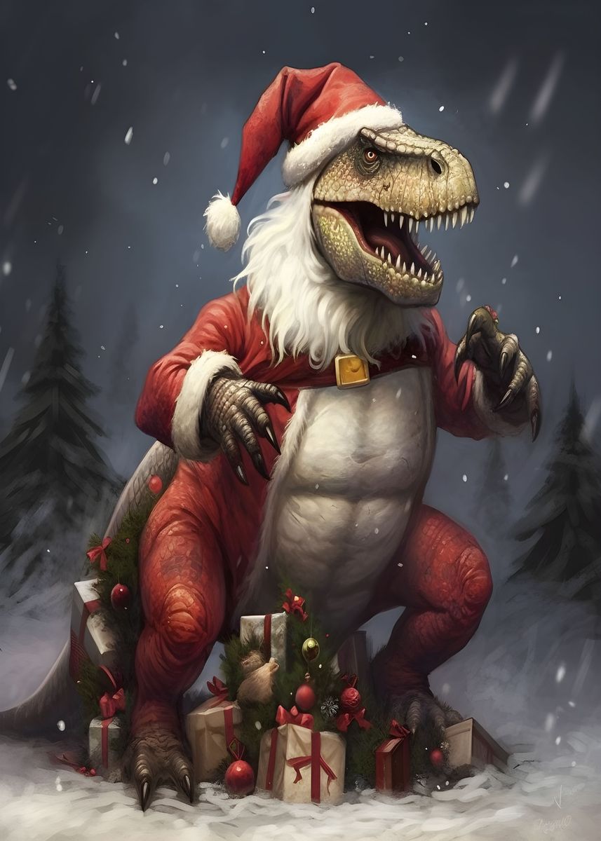 'Dino Santa Claus' Poster, picture, metal print, paint by Color My Wall ...