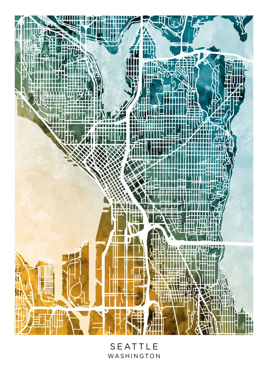 'Seattle Washington Map' Poster, picture, metal print, paint by Michael ...