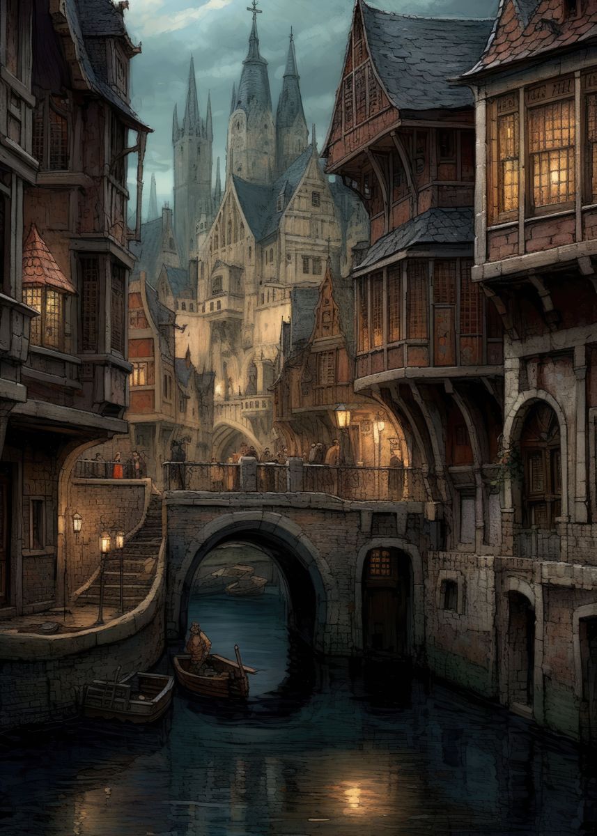 'Medieval City by night' Poster, picture, metal print, paint by ...