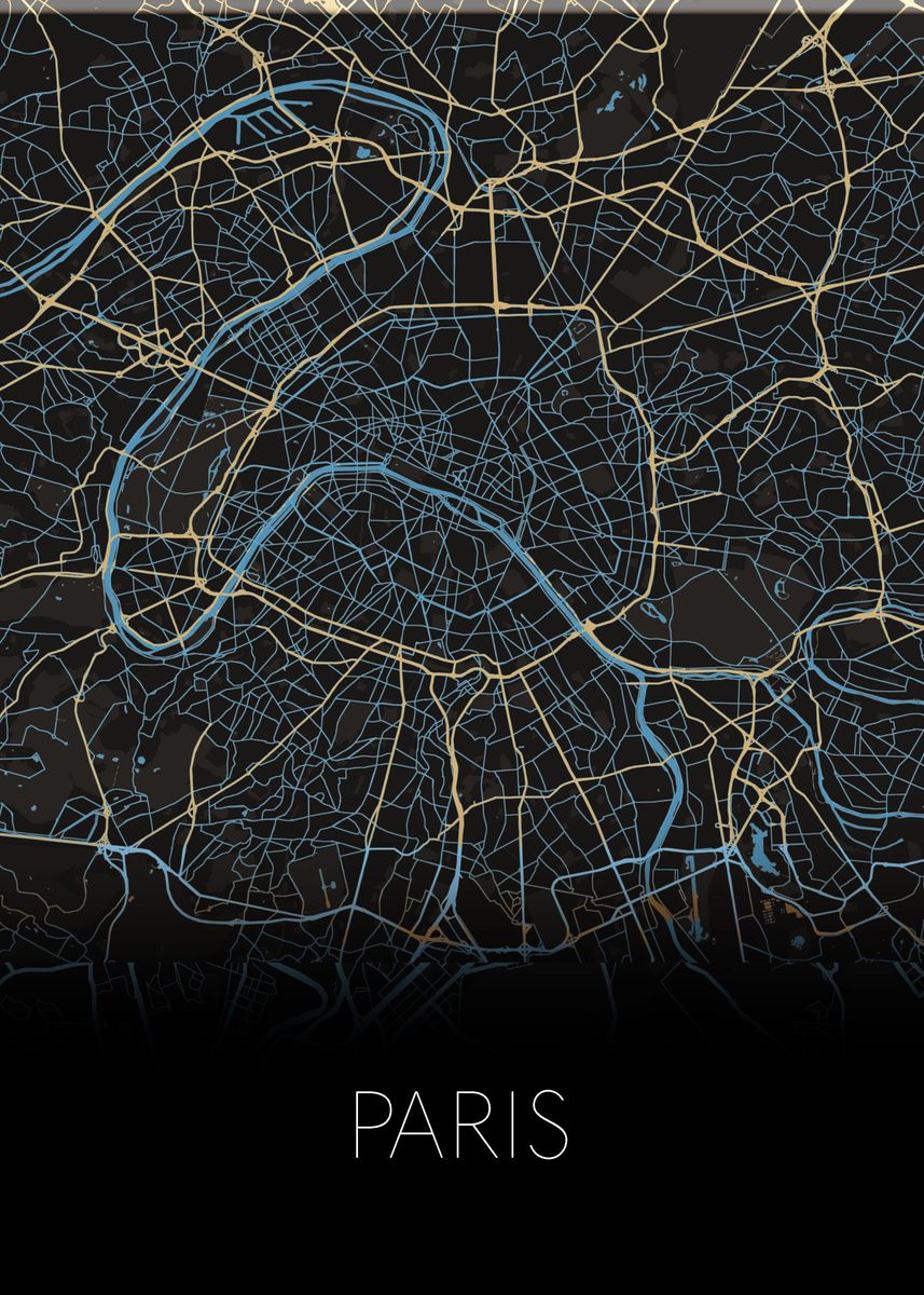 'Paris black blue city map' Poster, picture, metal print, paint by ...