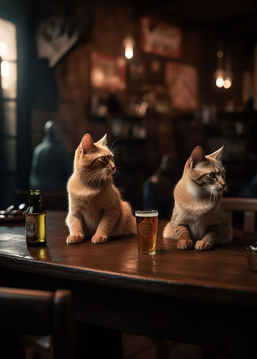 'Two Cats Bar Beer Drinking' Poster, picture, metal print, paint by ...