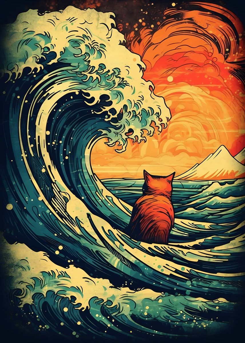 'Japan Wave Cat' Poster, picture, metal print, paint by FusionDesigns ...