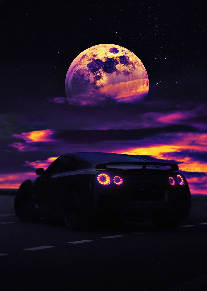 'Car and Moon' Poster, picture, metal print, paint by P U F F Y | Displate