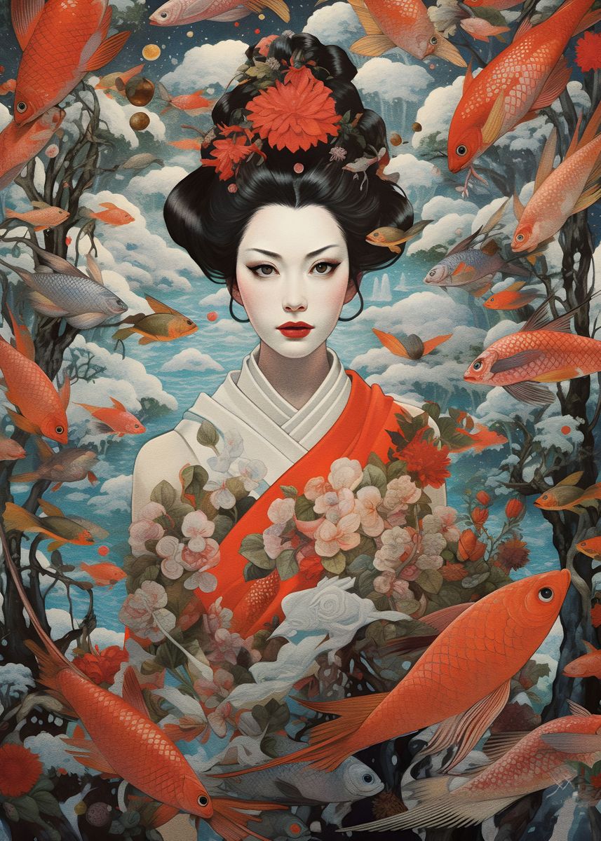 'Geisha fish' Poster, picture, metal print, paint by Elz art | Displate