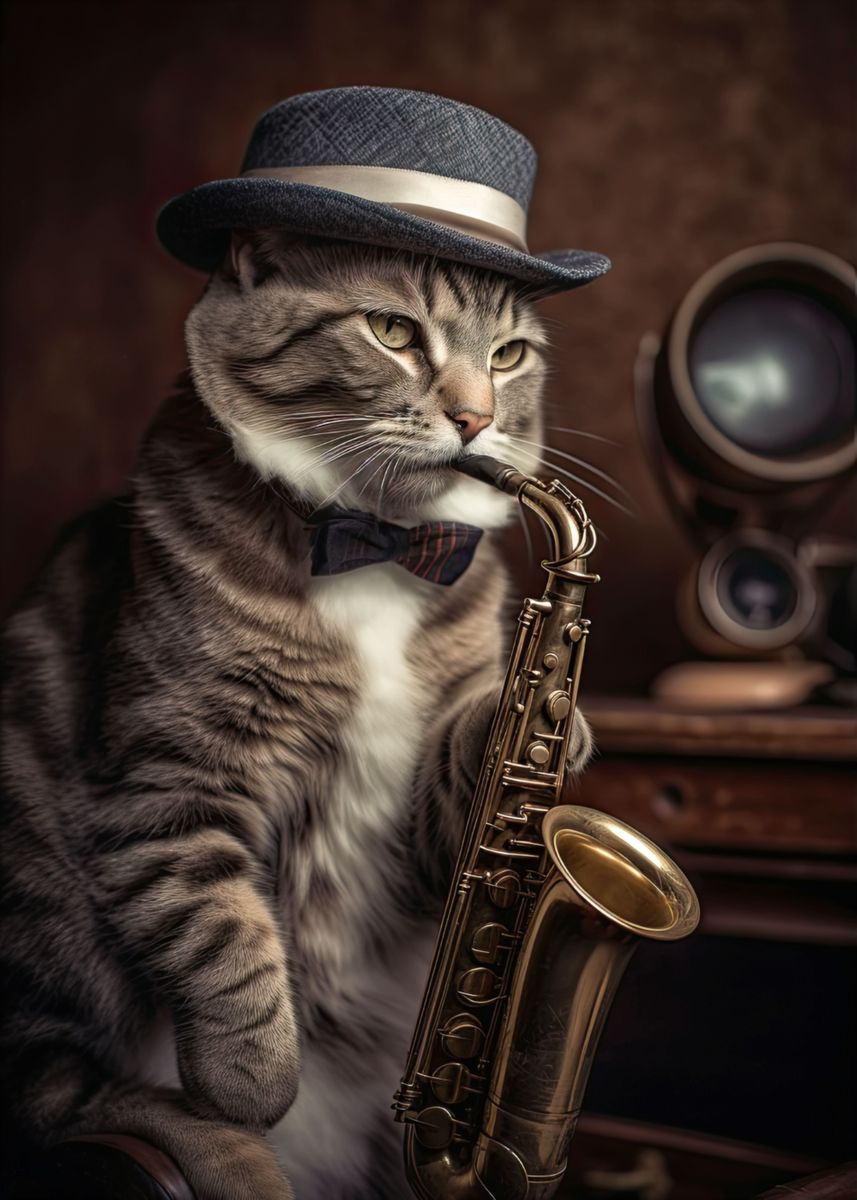 'Cat plays saxophone' Poster, picture, metal print, paint by Michael ...