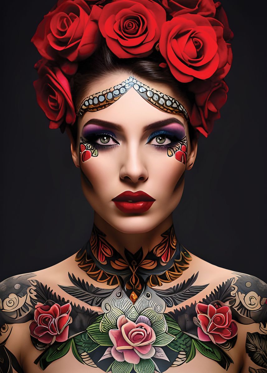 'Dark woman with red roses' Poster, picture, metal print, paint by ...