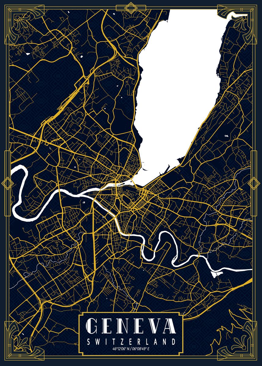 'Geneva City Map Gold' Poster, picture, metal print, paint by deMAP ...