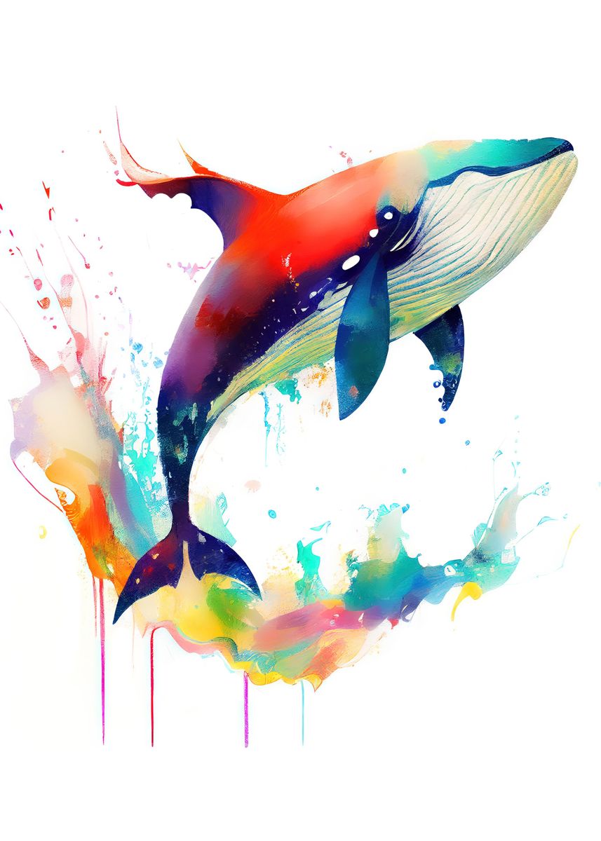 'Watercolor Whale Splashing' Poster, picture, metal print, paint by ...