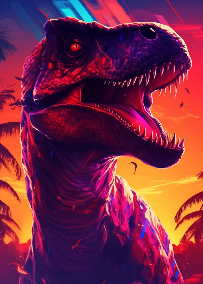 'Dinosaur Sunset SynthWave' Poster, picture, metal print, paint by ...