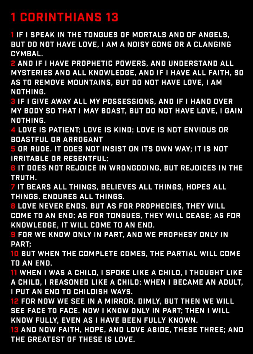 '1 Corinthians 13 Black' Poster, picture, metal print, paint by Sycaid ...
