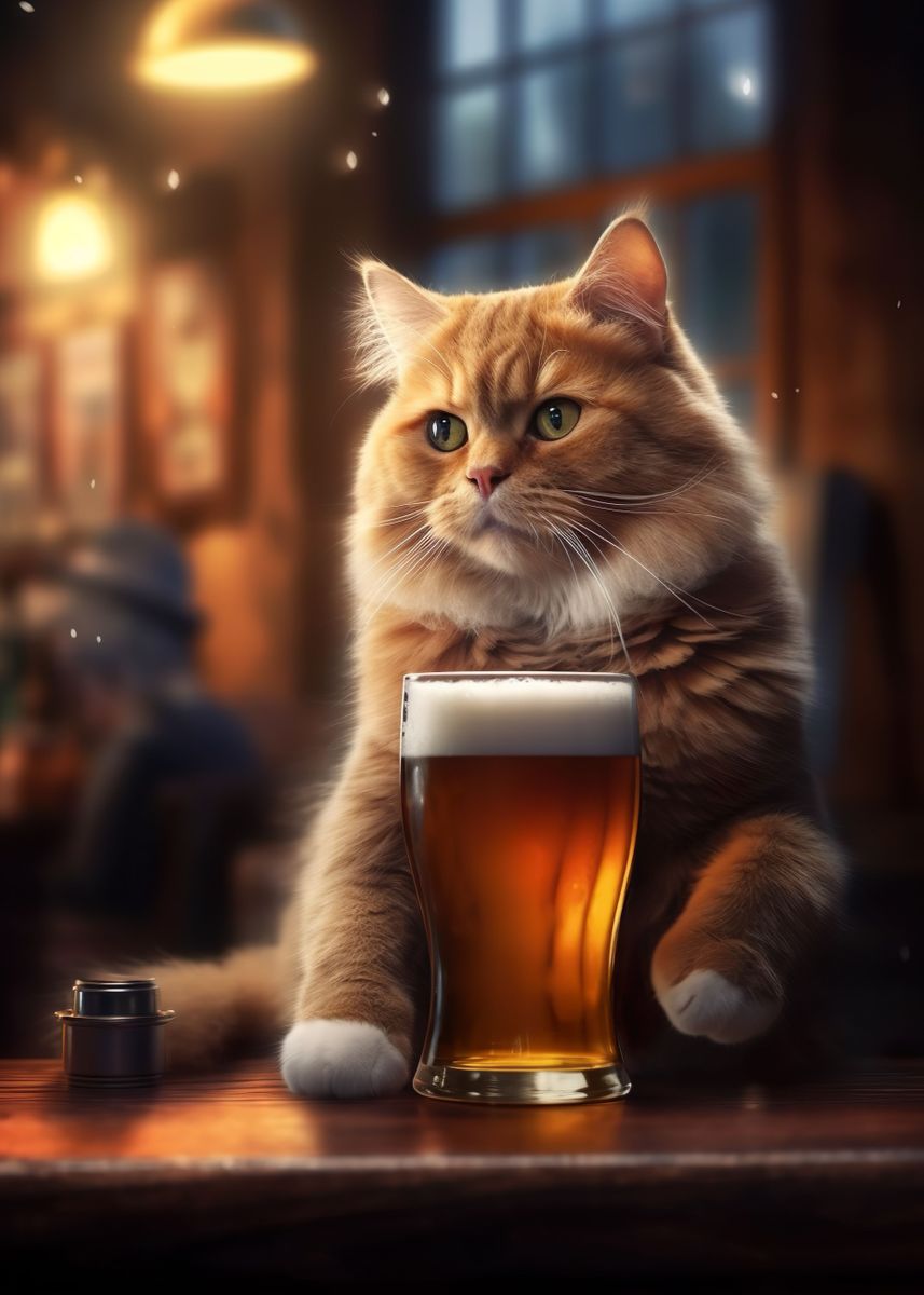 'Cat Pub Beer' Poster, picture, metal print, paint by AyrioArt | Displate