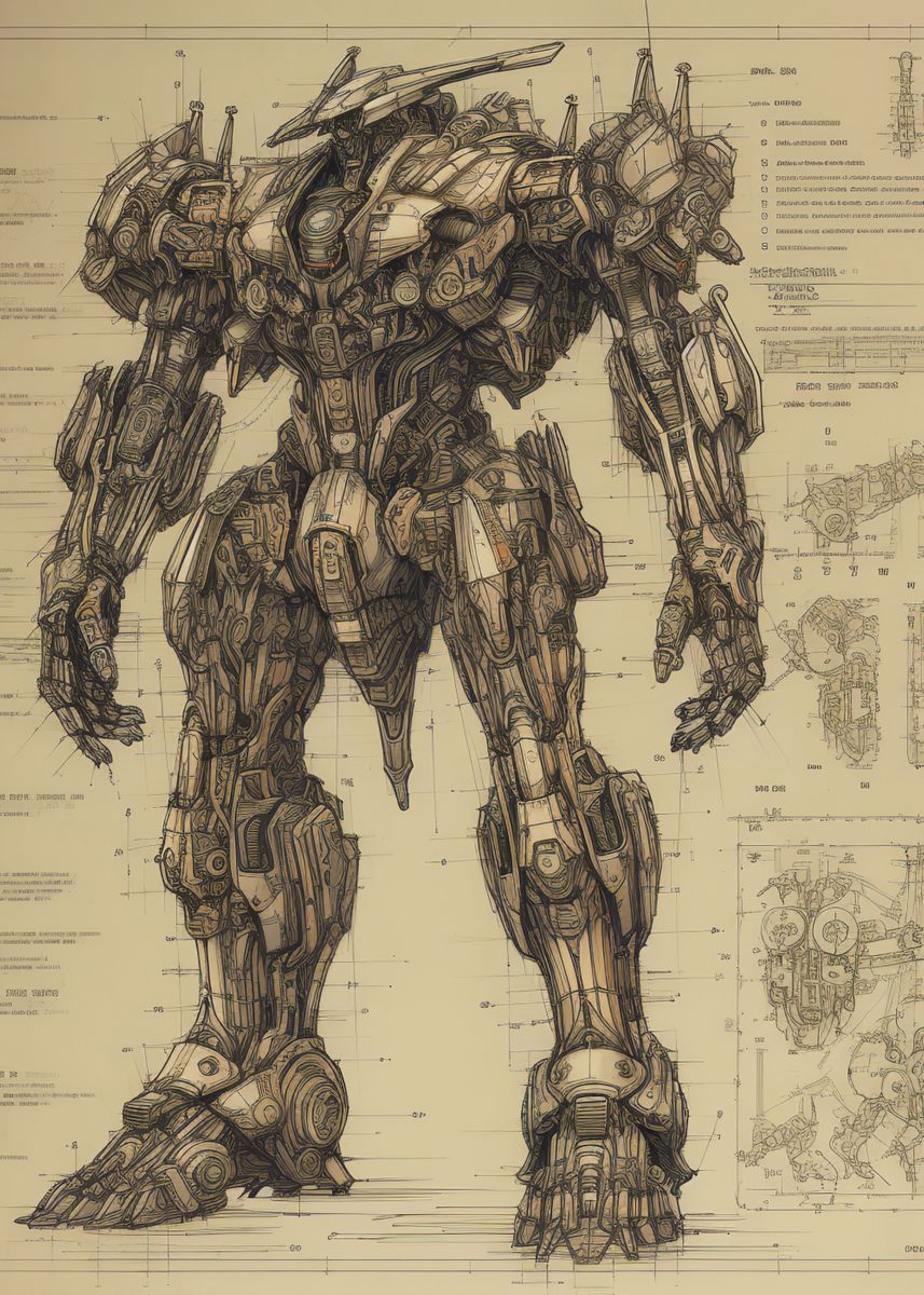'robot blueprints' Poster, picture, metal print, paint by Huevel | Displate