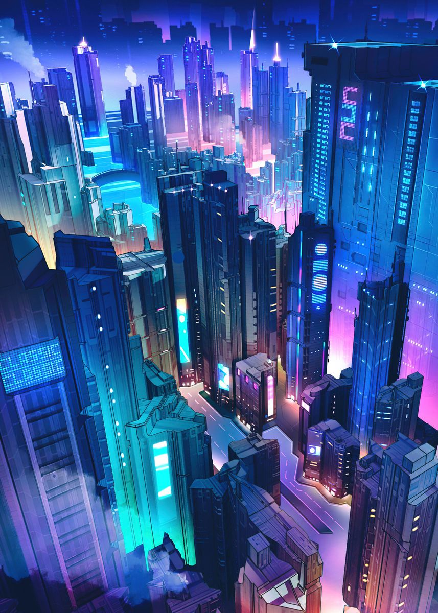 'Futuristic neon city' Poster, picture, metal print, paint by RevArt ...