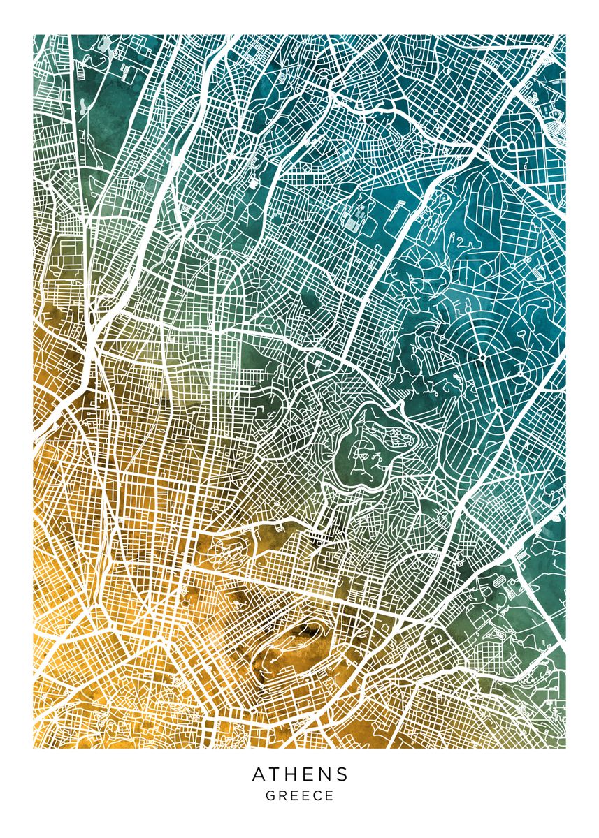 'Athens Greece Map' Poster, picture, metal print, paint by Michael ...