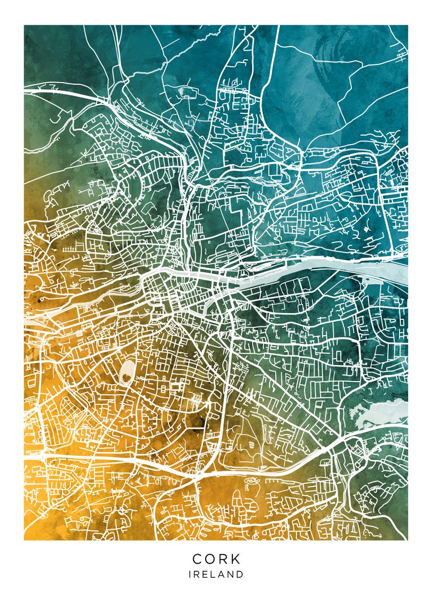 'Cork Ireland Map' Poster, picture, metal print, paint by Michael ...