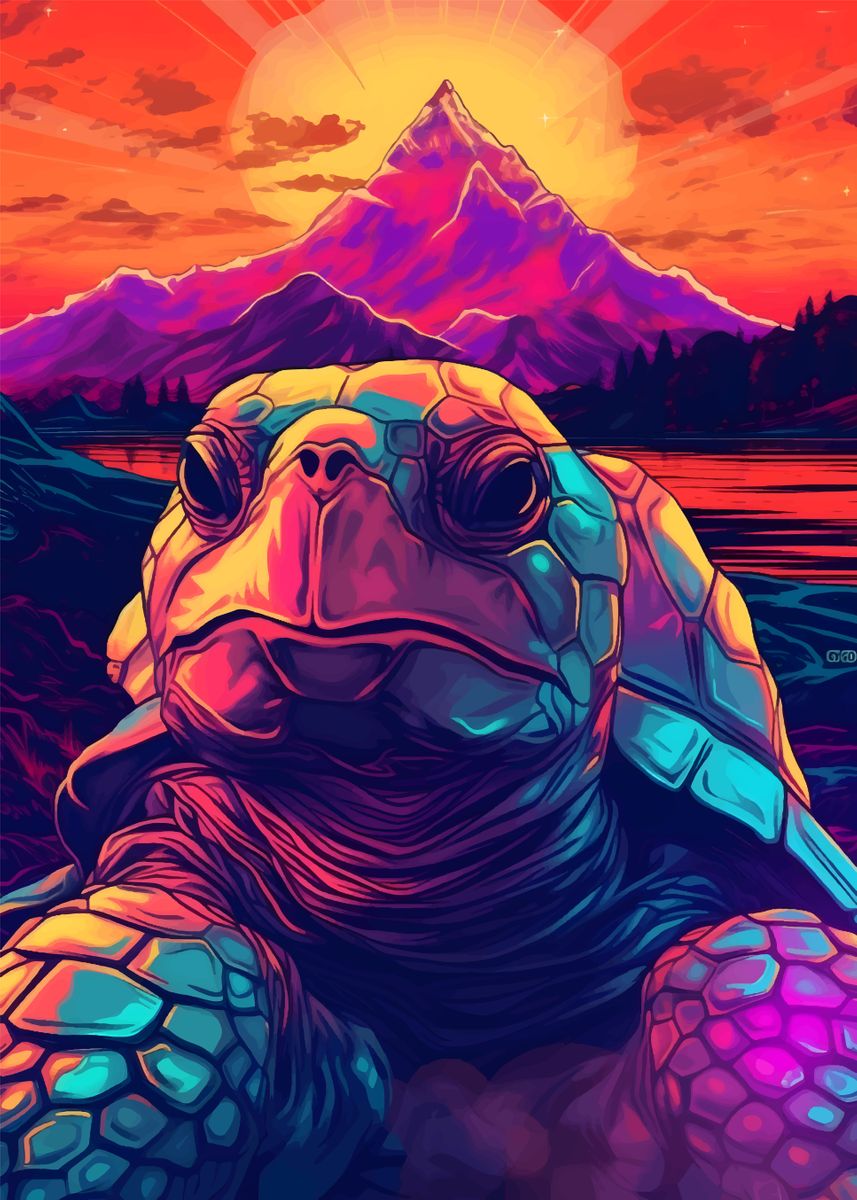 'Turtle Sunset Vintage' Poster, picture, metal print, paint by Phan Hong Hanh | Displate