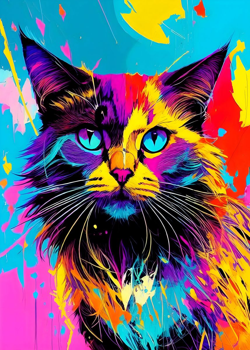 'ABSTRACT COLORFUL CAT' Poster, picture, metal print, paint by ...