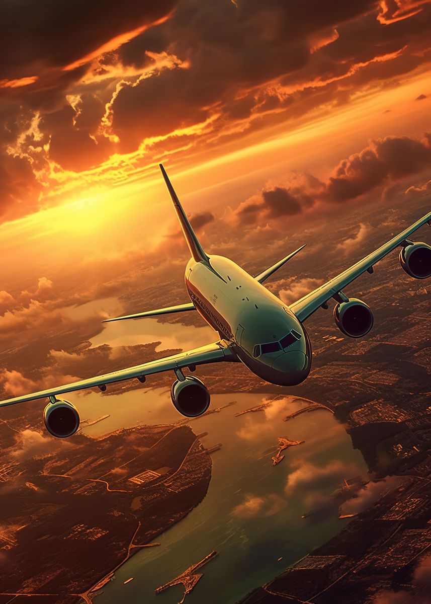 'Plane sunset ' Poster, picture, metal print, paint by Pro Elise | Displate