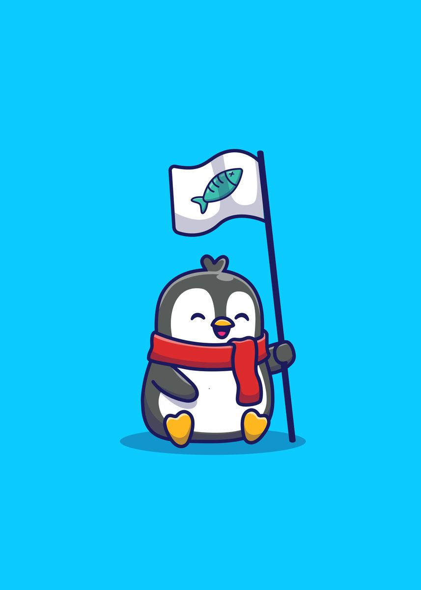 'Cute Penguin Holding Flag' Poster, picture, metal print, paint by ...