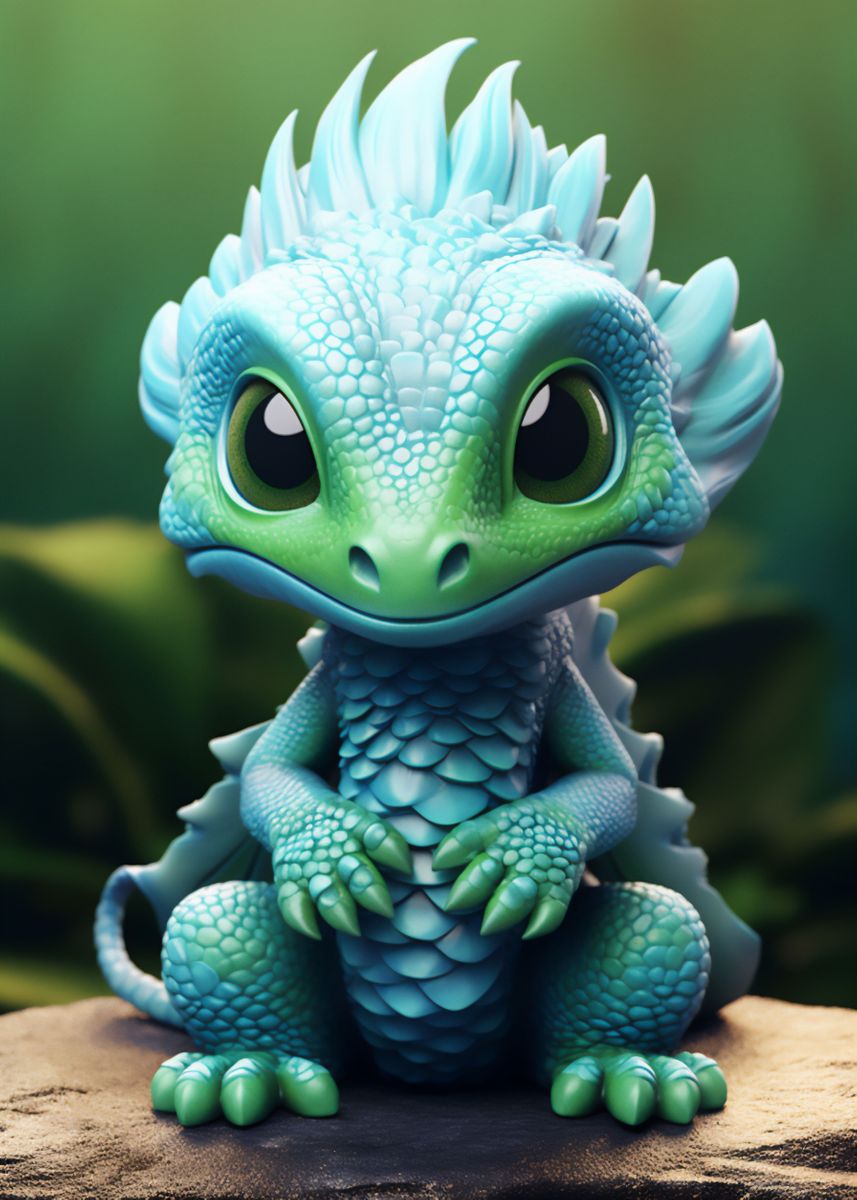 'Cute little green dragon' Poster, picture, metal print, paint by ...