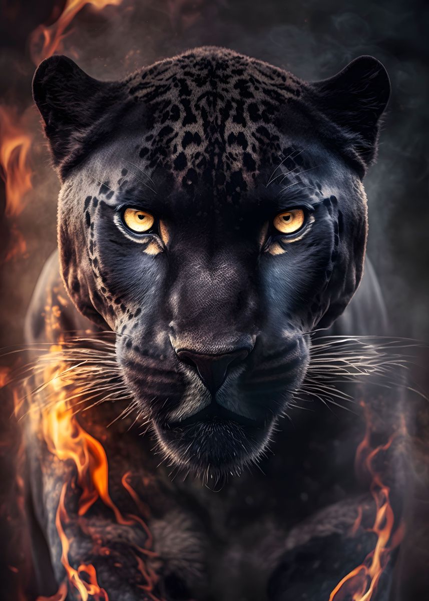'Black panther on fire art' Poster, picture, metal print, paint by mk ...