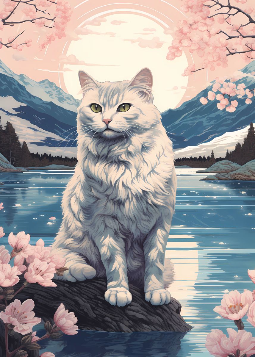 'Cat Japanese Landscape' Poster, picture, metal print, paint by AnHa ...