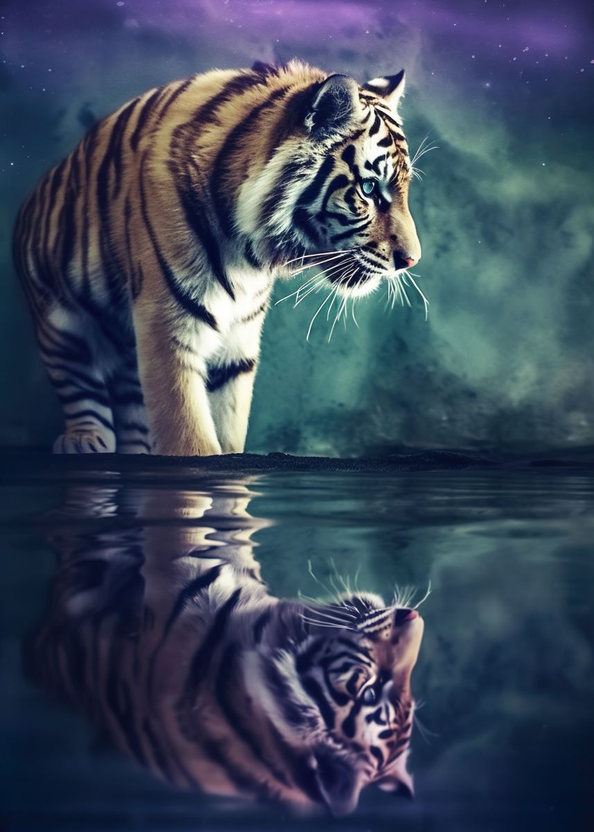 'Tiger Pond Reflection' Poster, picture, metal print, paint by AyrioArt ...