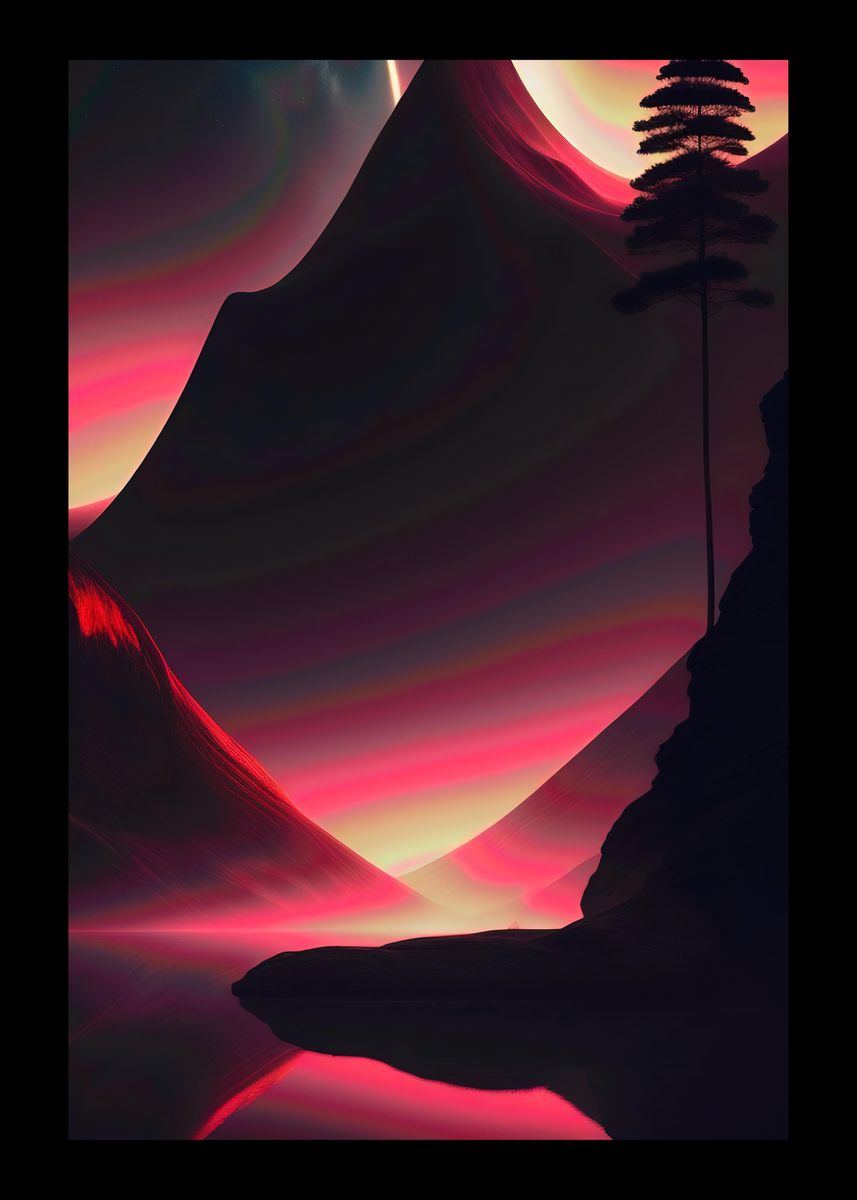 'Mountain With Red Lights' Poster, picture, metal print, paint by ...
