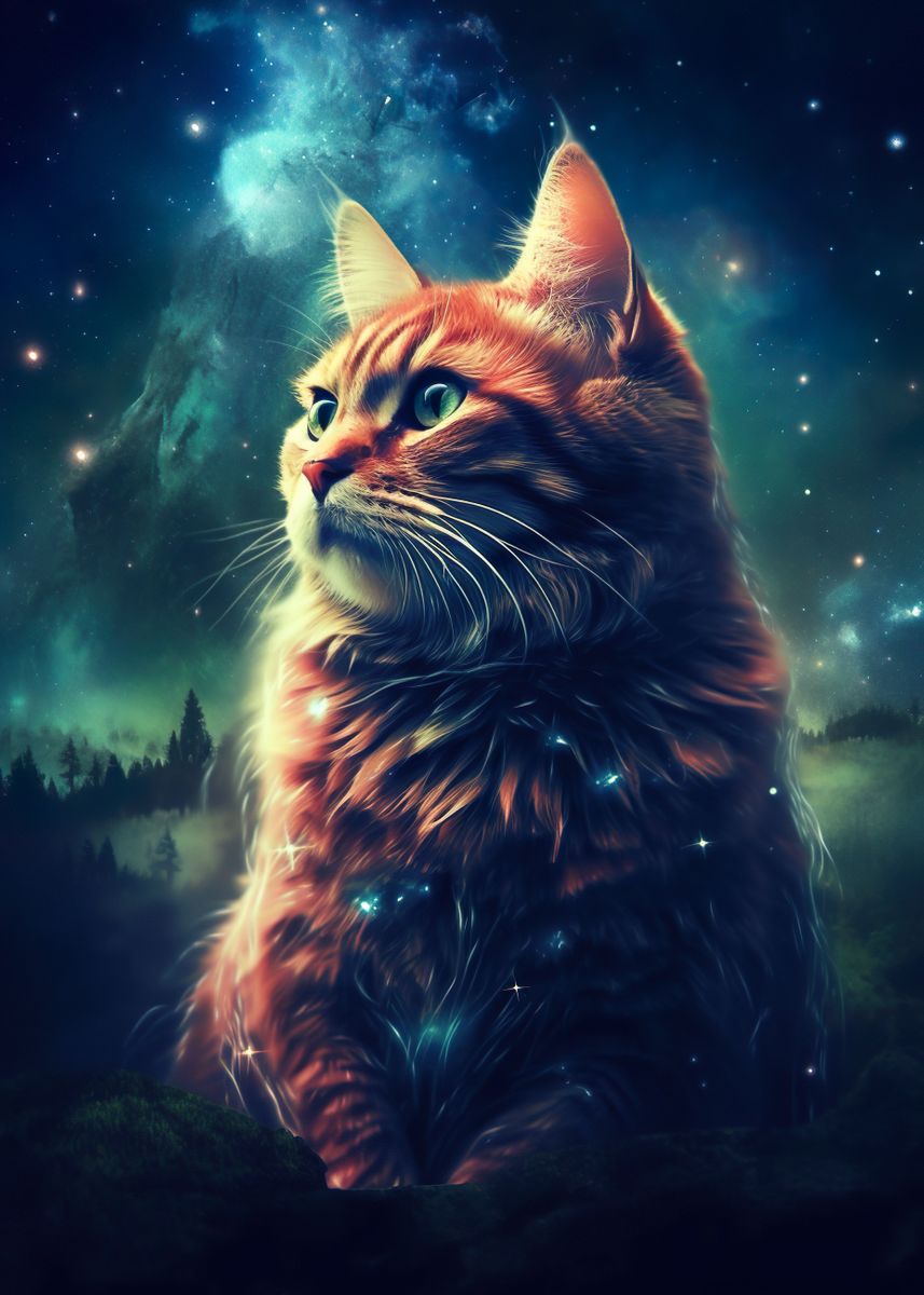 'Cat Night Milky Way' Poster, picture, metal print, paint by AyrioArt ...