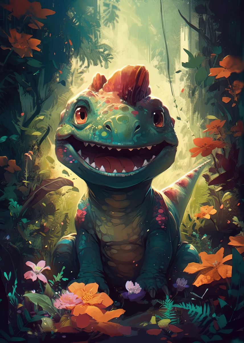 'Colourful Dino Poster' Poster, picture, metal print, paint by ...