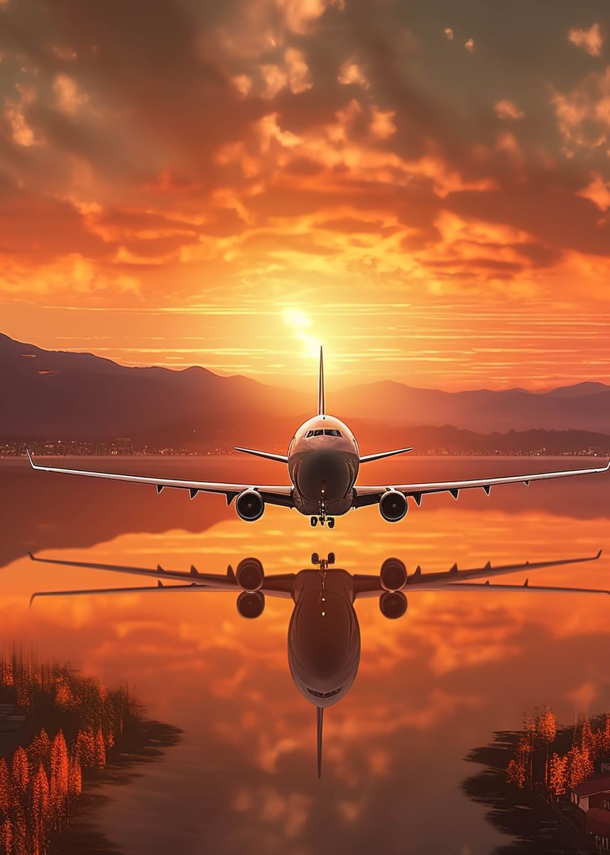 'plane sunset' Poster, picture, metal print, paint by Pro Elise | Displate