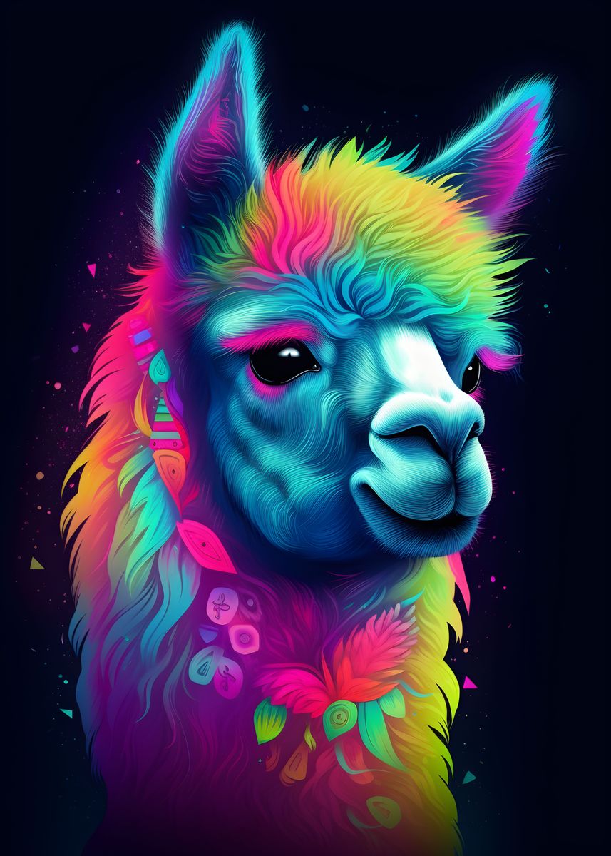 'Neon Alpaca' Poster, picture, metal print, paint by Makadur | Displate
