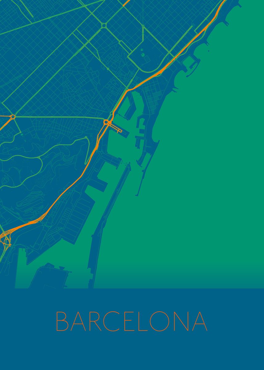 'Barcelona green blue map' Poster by Vardi Creations | Displate