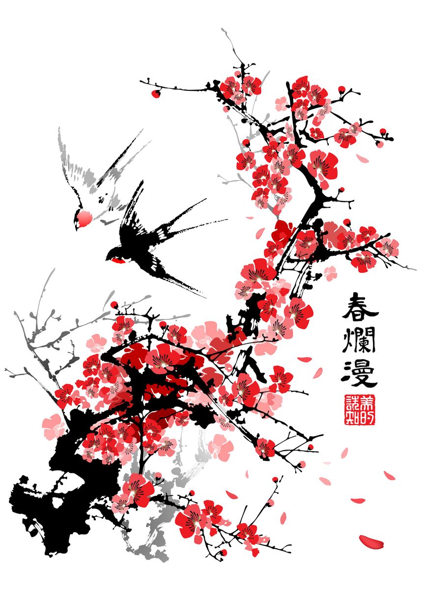'Blossoming Cherry birds' Poster, picture, metal print, paint by Leika ...