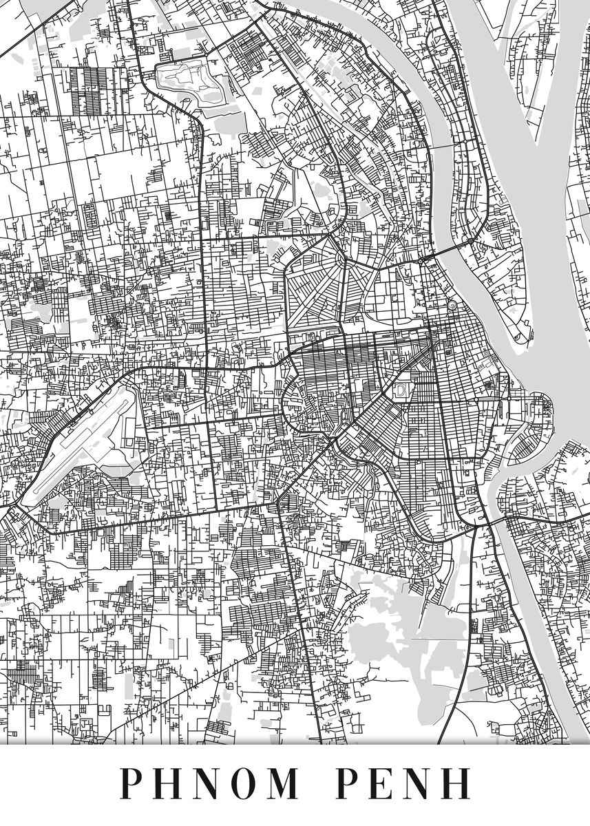 'Phnom Penh White Map' Poster, picture, metal print, paint by dkDesign ...