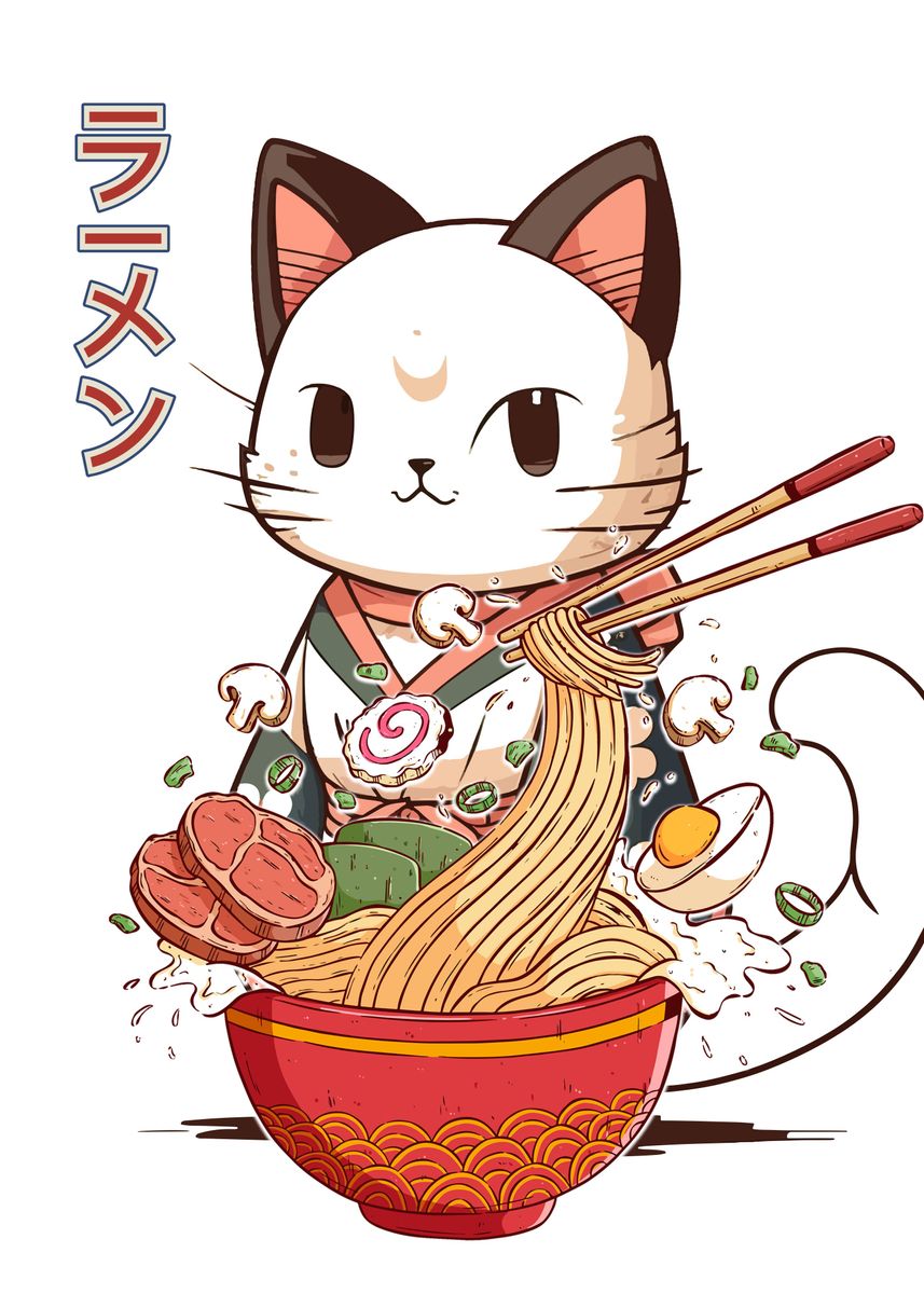 'cat japan ramen' Poster, picture, metal print, paint by anhvivuha ...