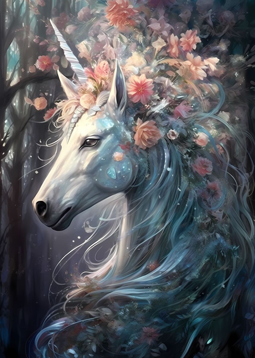 'The Unicorn With Flowers' Poster, picture, metal print, paint by ...