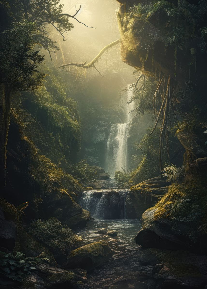 'Waterfall in Forest Nature' Poster, picture, metal print, paint by ...