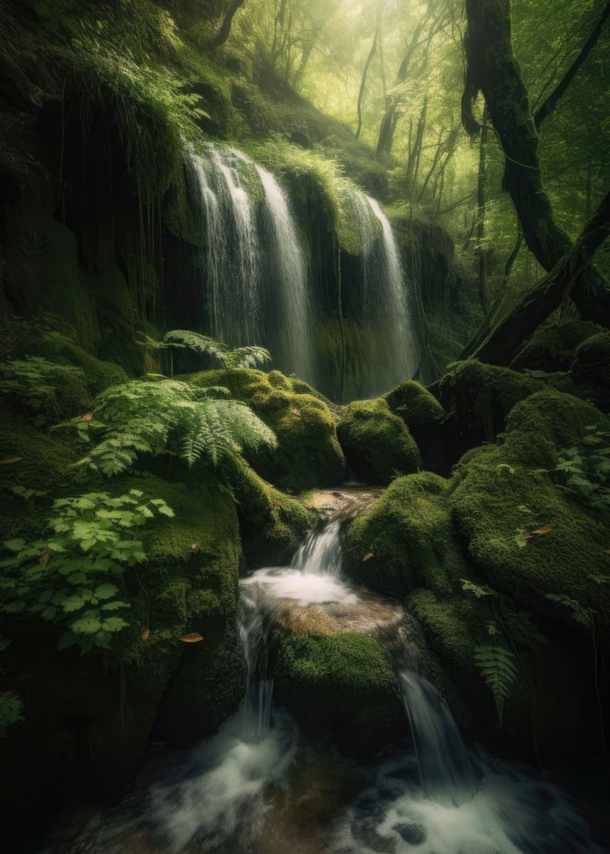 'Waterfall in Forest Nature' Poster, picture, metal print, paint by ...