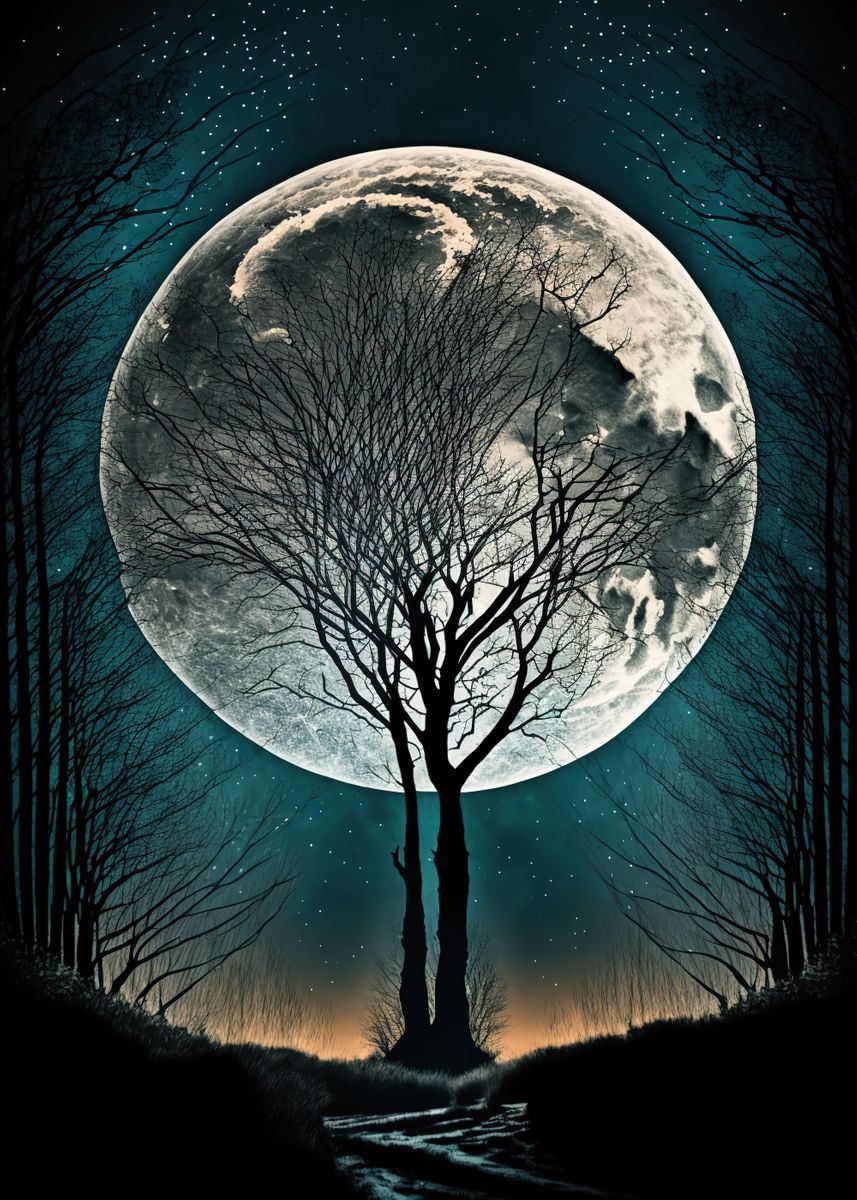 'Silhouette Tree and Moon ' Poster, picture, metal print, paint by ...