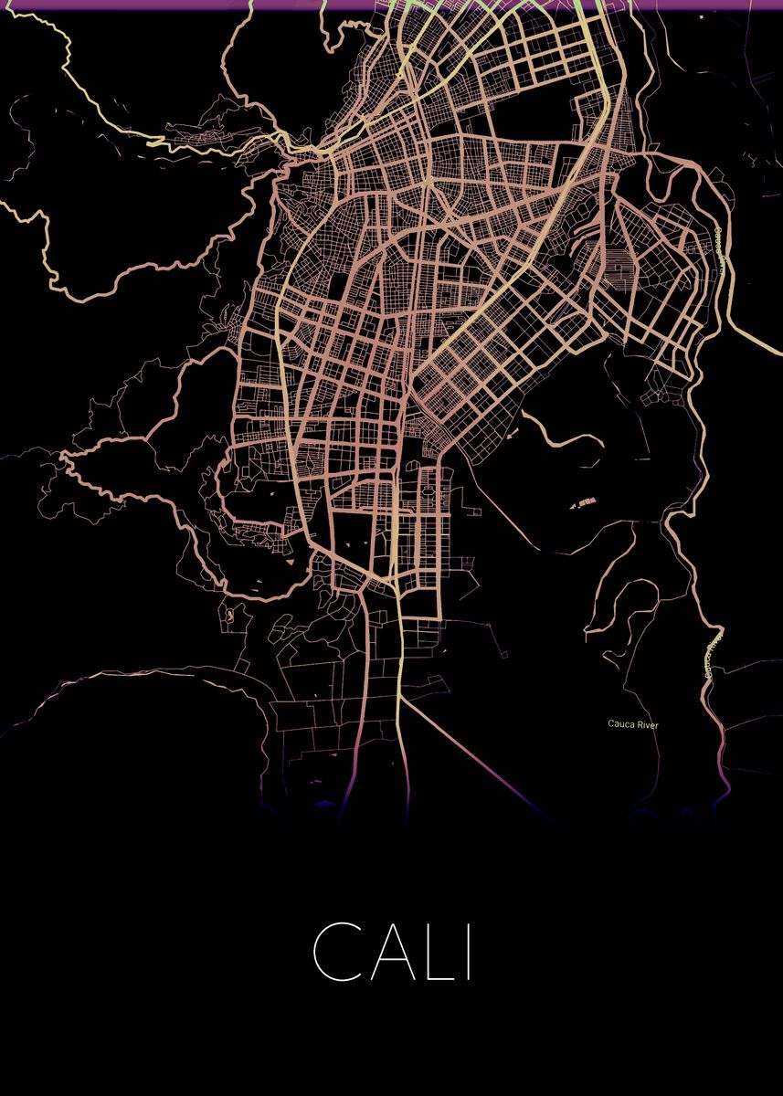 'Cali Colombia neon map' Poster, picture, metal print, paint by Vardi ...