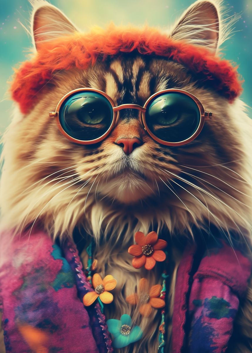 'Hippie Cat' Poster, picture, metal print, paint by Vendzi | Displate
