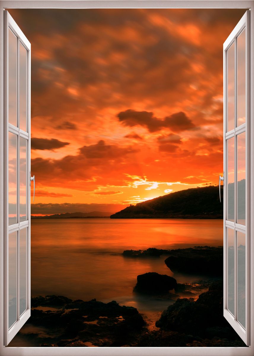 'Window view sunset coastal' Poster, picture, metal print, paint by ...