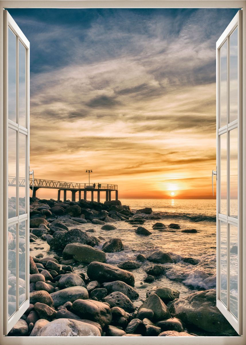 'Window view sunset coastal' Poster, picture, metal print, paint by ...
